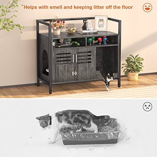 Homieasy Litter Box Enclosure, Cat Litter Box Furniture Hidden, Cat Washroom Cabinet with Lockable Louvered Door and Cat Scratch Pad, Black Oak