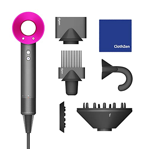 Limited Edition Dyson Supersonic Hair Dryer with ClothZen Cloth – Includes Flyaway Attachment, Styling Concentrator, Diffuser, Gentle Air Attachment & Wide-Tooth Comb – Iron/Fuchsia 1.0 Count