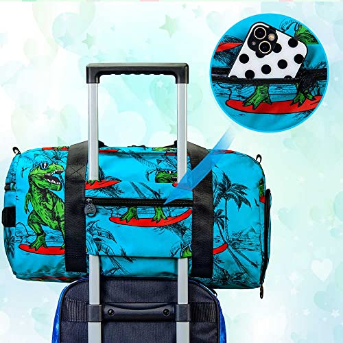 Kids Duffle Bag for Travel, Boys Gym Duffel Bags with Shoe Compartment Little Kid Weekender Overnight Bag Sleepover, Blue Dinosaur