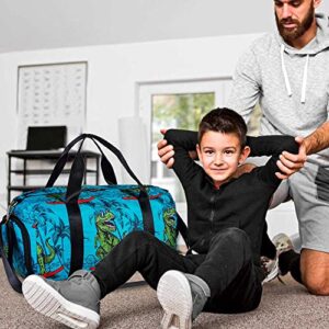 Kids Duffle Bag for Travel, Boys Gym Duffel Bags with Shoe Compartment Little Kid Weekender Overnight Bag Sleepover, Blue Dinosaur