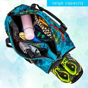 Kids Duffle Bag for Travel, Boys Gym Duffel Bags with Shoe Compartment Little Kid Weekender Overnight Bag Sleepover, Blue Dinosaur