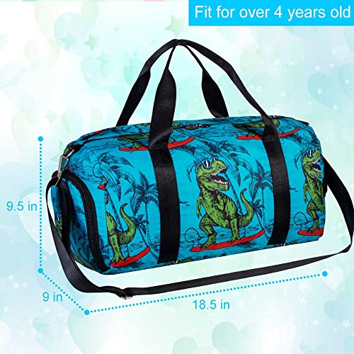 Kids Duffle Bag for Travel, Boys Gym Duffel Bags with Shoe Compartment Little Kid Weekender Overnight Bag Sleepover, Blue Dinosaur