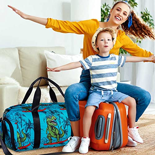 Kids Duffle Bag for Travel, Boys Gym Duffel Bags with Shoe Compartment Little Kid Weekender Overnight Bag Sleepover, Blue Dinosaur