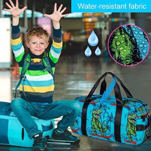 Kids Duffle Bag for Travel, Boys Gym Duffel Bags with Shoe Compartment Little Kid Weekender Overnight Bag Sleepover, Blue Dinosaur