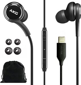 samsung akg wired earbuds original usb type c in-ear earbud headphones with remote & microphone for music, phone calls, work - noise isolating deep bass, includes velvet carrying pouch - black