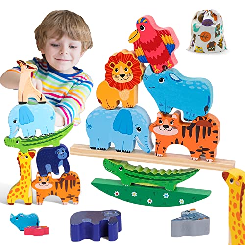 Jade Hare 14 Pcs Wooden Animal Blocks,Stacking Animals Balance Block Toys, Montessori Toys for 3-5 Years Toys Toddlers 1-3 and 2-4 Years Old Boys Girls Birthday Gift Preschool Educational Toys