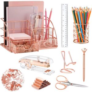 kaakow rose gold desk organizers and accessories office supplies set stapler, pen holder, phone holder, scissors, pen, ruler, 30 paper clips, 22 binder clip, 20 tacks and 1000pcs staples (rose gold)