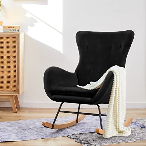 FUNNIU Rocking Chair Nursery, Glider Chair for Baby Nursing with Blanket Velvet Upholstered Indoor Glider Rocker Comfy Armchair Living Room Chair Accent Chair with High Backrest and Armrests