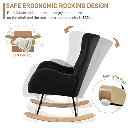 FUNNIU Rocking Chair Nursery, Glider Chair for Baby Nursing with Blanket Velvet Upholstered Indoor Glider Rocker Comfy Armchair Living Room Chair Accent Chair with High Backrest and Armrests