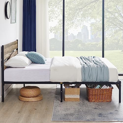 VECELO Queen Size Platform Bed Frame with Wood Headboard, Strong Metal Slats Support Mattress Foundation, No Box Spring Needed