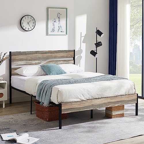 VECELO Queen Size Platform Bed Frame with Wood Headboard, Strong Metal Slats Support Mattress Foundation, No Box Spring Needed