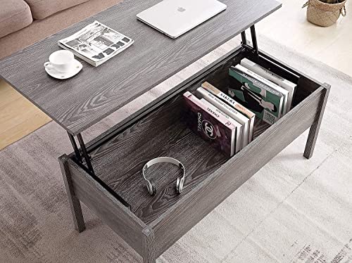 Lift Top Coffee Table with Hidden Storage Compartment,41 Inch Large Coffee Tables,Modern Wooden Lift Tabletop Center Table Living Room,Office, Reception, Light Grey Wood Grain