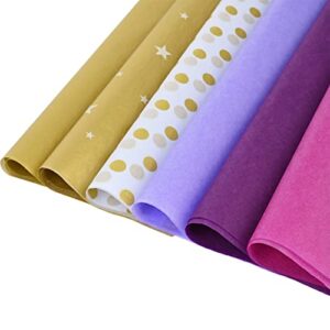 60 sheets, 28 * 20 inches, purple metallic gold tissue paper for gift wrapping, star polka dots patterned tissue paper for gift bags for birthday, eid al-fitr, hanukkah, christmas, wedding diy craft