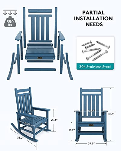 SERWALL Oversized Rocking Chair, Outdoor Rocking Chair for Adults, All Weather Resistant Porch Rocker for Lawn Garden, Blue