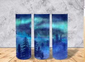 northern lights - forest - 20 oz stainless steel insulated tumbler with straw and grip pad on bottom - comes in a gift box