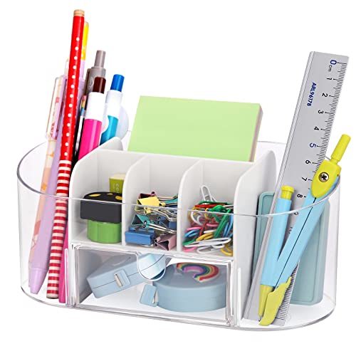 LETURE Clear Desk Organizer with drawer, Acrylic Pen Pencil Markers Holder, Clear Office Supplies and Accessories,Desktop Organizer for Room College Dorm Home School (White)