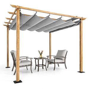 happatio 10' x 10' pergola retractable pergola canopy for backyard, garden, patio; woodgrain-look aluminum pergola with retractable pergola canopy, includes anchors and expansion screws (grey)