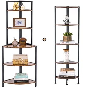 apicizon 5 tier corner shelf set of 2, industrial corner bookshelf with metal frame, rustic corner storage rack shelves display plant flower, stand bookcase for home office, small place, kitchen