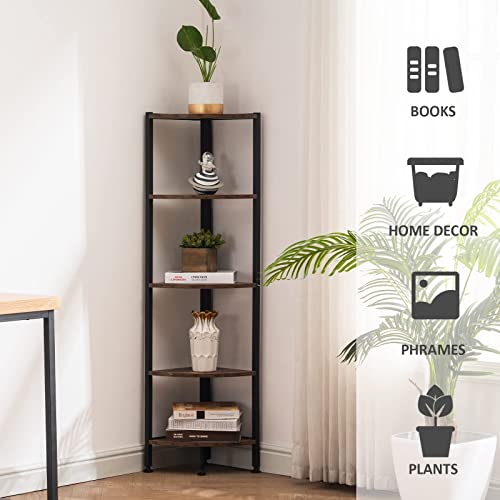 Apicizon 5 Tier Corner Shelf Set of 2, Industrial Corner Bookshelf with Metal Frame, Rustic Corner Storage Rack Shelves Display Plant Flower, Stand Bookcase for Home Office, Small Place, Kitchen