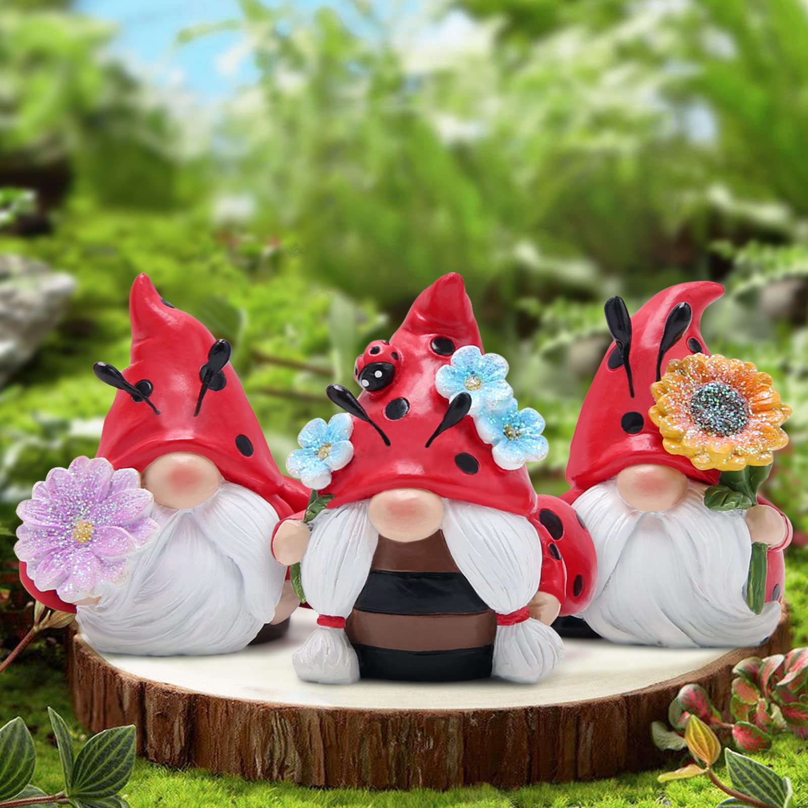 Hodao Ladybug Gnomes 3PCS Ladybug Kitchen Tiered Tray Decor Ladybird Gnomes Resin Swedish Tomte Scandinavian Figurine Spring Summer Decorations Indoor Home Decor