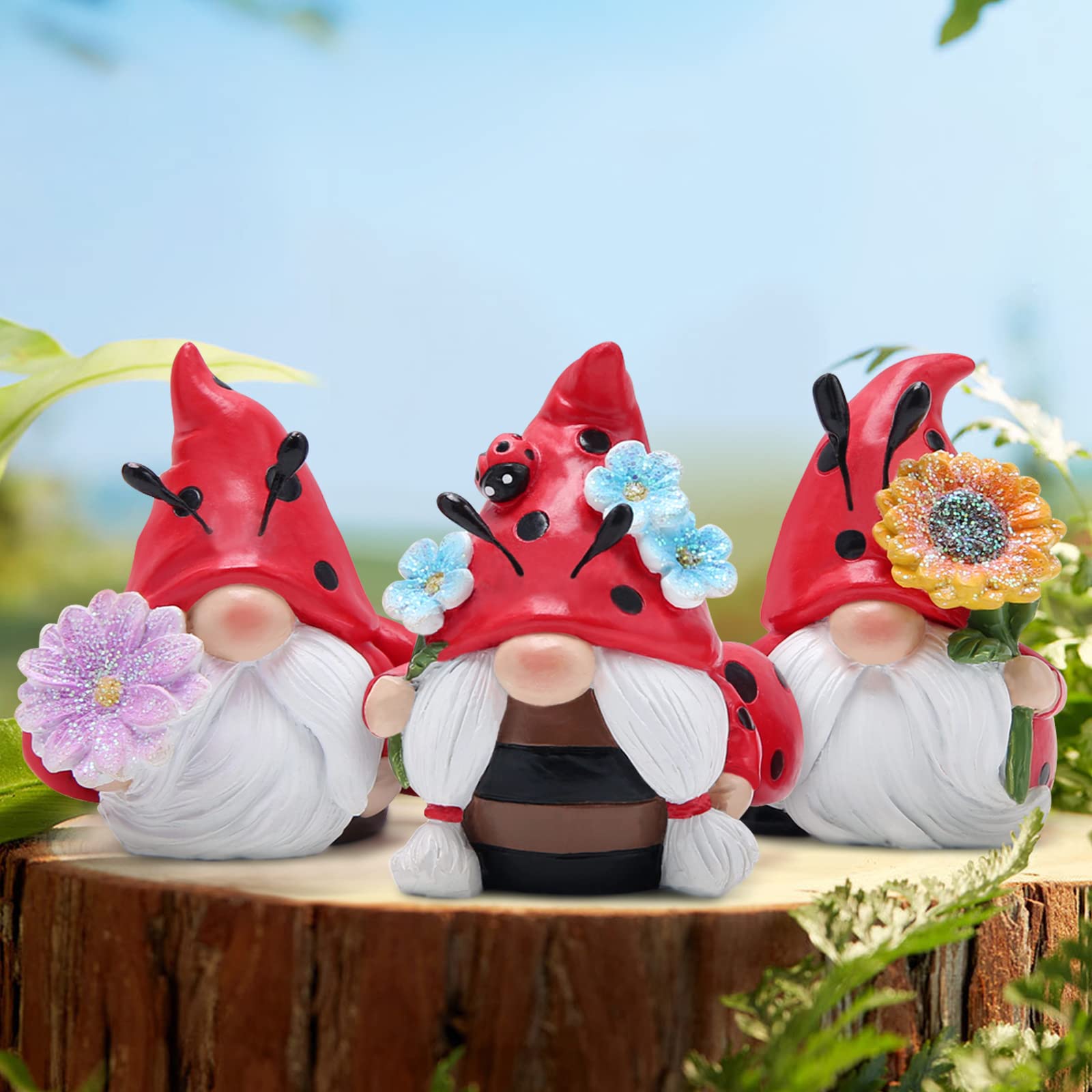 Hodao Ladybug Gnomes 3PCS Ladybug Kitchen Tiered Tray Decor Ladybird Gnomes Resin Swedish Tomte Scandinavian Figurine Spring Summer Decorations Indoor Home Decor