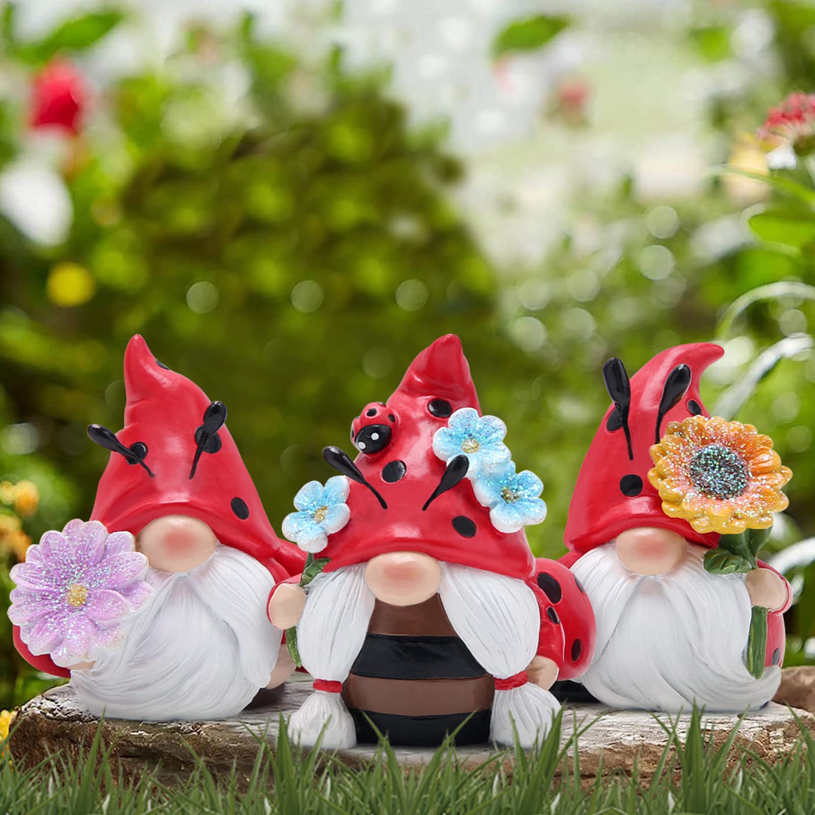 Hodao Ladybug Gnomes 3PCS Ladybug Kitchen Tiered Tray Decor Ladybird Gnomes Resin Swedish Tomte Scandinavian Figurine Spring Summer Decorations Indoor Home Decor