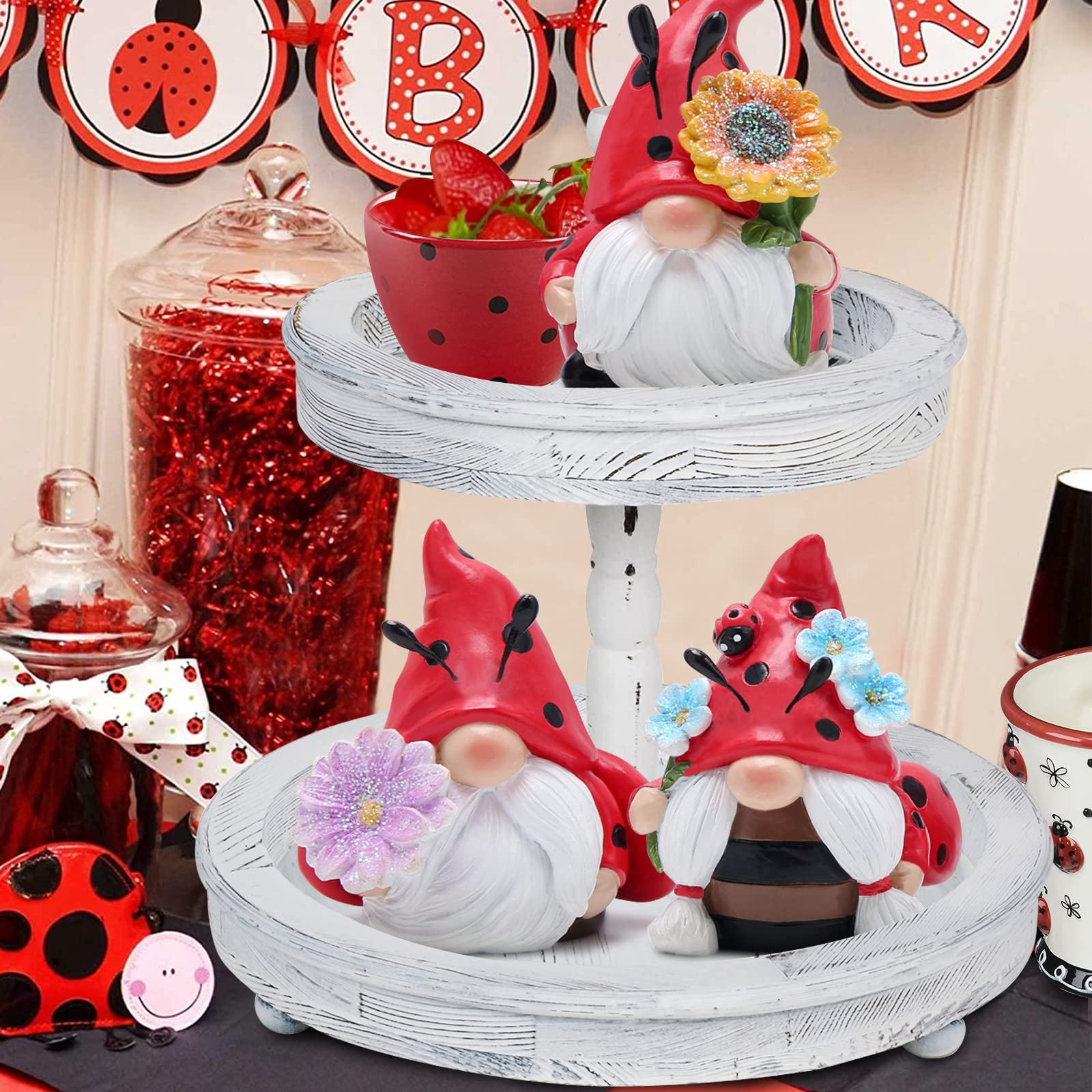 Hodao Ladybug Gnomes 3PCS Ladybug Kitchen Tiered Tray Decor Ladybird Gnomes Resin Swedish Tomte Scandinavian Figurine Spring Summer Decorations Indoor Home Decor