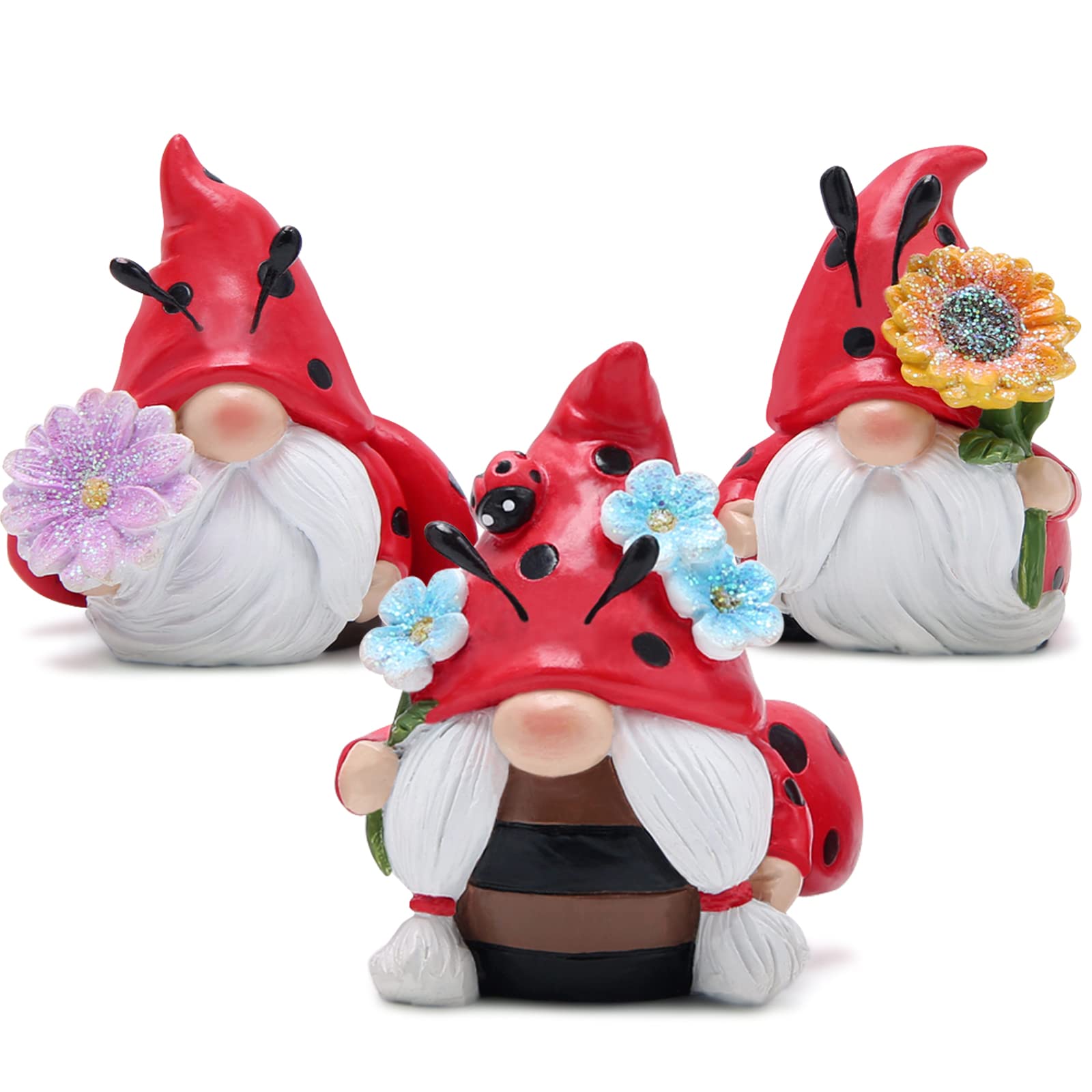 Hodao Ladybug Gnomes 3PCS Ladybug Kitchen Tiered Tray Decor Ladybird Gnomes Resin Swedish Tomte Scandinavian Figurine Spring Summer Decorations Indoor Home Decor