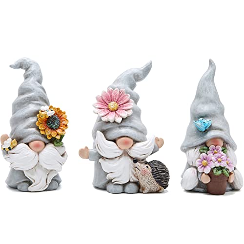 Hodao 3pcs 4.75" H Spring Summer Gnome Garden Decorations- Tomte Elf Fall Gnome Decorations Gifts -Swedish Elf Dwarf Figurine Table Gnome Decor Indoor Home Decorations (Gnome Gray 2)