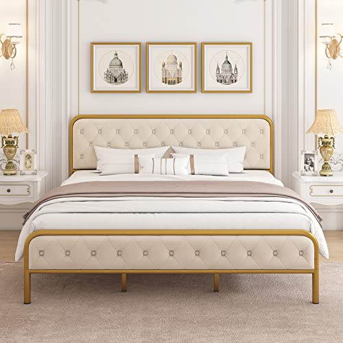 AIhomstyle Queen Size Bed Frame, Upholstered Queen Bed Frame with Velvet Tufted Headboard, Heavy Duty Metal Foundation, Bed Frame with Wood Slat Support, No Box Spring Needed, Noise-Free, Gold/Beige