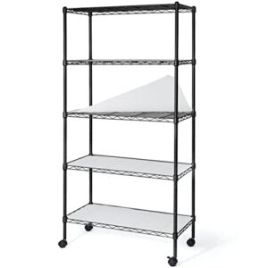 fencer wire nsf 5-tier adjustable height wire shelving unit, garage shelving storage organizer, kitchen wire rack, metal steel storage shelf, utility storage shelf with leveling feet, wheels & liners