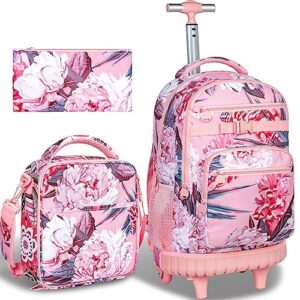 ftjcf 3pcs rolling backpack for women, 21 inche adult bag with roller wheels, wheeled bookbag set for girls - pink