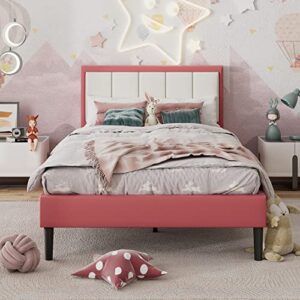 Konprosp Twin Size Bed Frame with Upholstered Headboard, Platform in New Technical Fabric, Mattress Foundation with Wooden Slats Support, Easy Assembly, No Box Spring Needed, Red & White