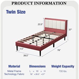 Konprosp Twin Size Bed Frame with Upholstered Headboard, Platform in New Technical Fabric, Mattress Foundation with Wooden Slats Support, Easy Assembly, No Box Spring Needed, Red & White