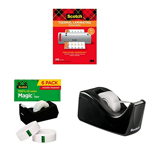 Scotch Thermal Laminating Pouches, 200- Count-Pack of 1, 8.9 x 11.4 Inches, Letter Size Sheets, Clear, 3-Mil (TP3854-200) & Scotch Magic Tape, 6 Rolls with Dispenser & Scotch Desktop Tape Dispenser