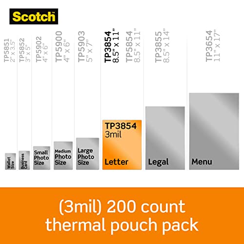 Scotch Thermal Laminating Pouches, 200- Count-Pack of 1, 8.9 x 11.4 Inches, Letter Size Sheets, Clear, 3-Mil (TP3854-200) & Scotch Magic Tape, 6 Rolls with Dispenser & Scotch Desktop Tape Dispenser