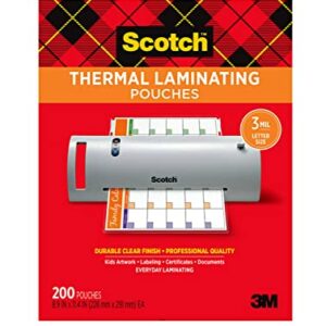 Scotch Thermal Laminating Pouches, 200- Count-Pack of 1, 8.9 x 11.4 Inches, Letter Size Sheets, Clear, 3-Mil (TP3854-200) & Scotch Magic Tape, 6 Rolls with Dispenser & Scotch Desktop Tape Dispenser