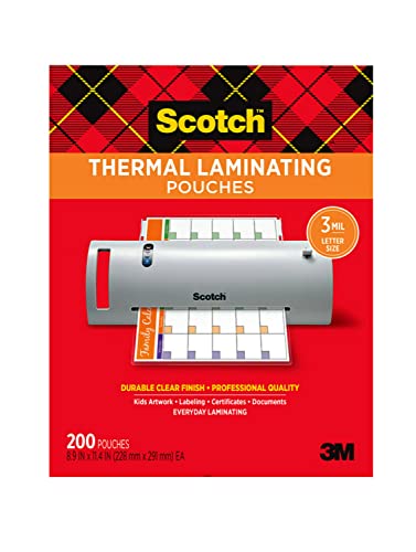 Scotch Thermal Laminating Pouches, 200- Count-Pack of 1, 8.9 x 11.4 Inches, Letter Size Sheets, Clear, 3-Mil (TP3854-200) & Scotch Magic Tape, 6 Rolls with Dispenser & Scotch Desktop Tape Dispenser