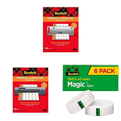 Scotch Thermal Laminating Pouches, 200- Count-Pack of 1, 8.9 x 11.4 Inches, Letter Size Sheets, Clear, 3-Mil (TP3854-200) & Scotch Thermal Laminating Pouches & Scotch Magic Tape, 6 Rolls