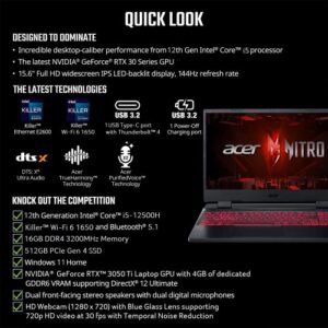 Acer Nitro 5 AN515-58-57Y8 Gaming Laptop | Intel Core i5-12500H | NVIDIA GeForce RTX 3050 Ti Laptop GPU | 15.6" FHD 144Hz IPS Display | 16GB DDR4 | 512GB Gen 4 SSD | Killer Wi-Fi 6 | Backlit Keyboard