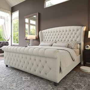 amerlife queen size platform bed frame, chenille upholstered sleigh bed with scroll wingback headboard & footboard/button tufted/no box spring required/cream