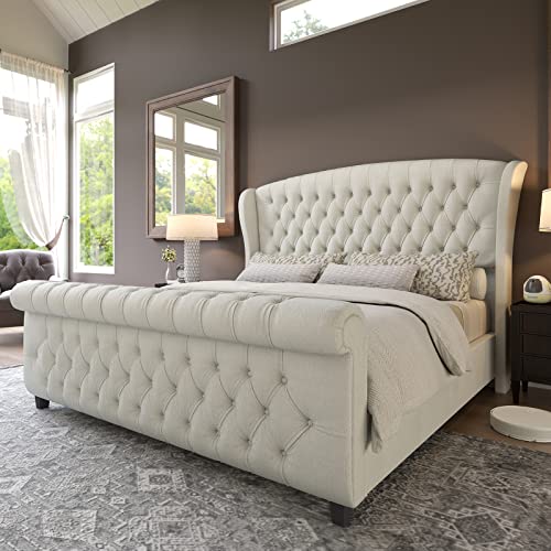 AMERLIFE Queen Size Platform Bed Frame, Chenille Upholstered Sleigh Bed with Scroll Wingback Headboard & Footboard/Button Tufted/No Box Spring Required/Cream