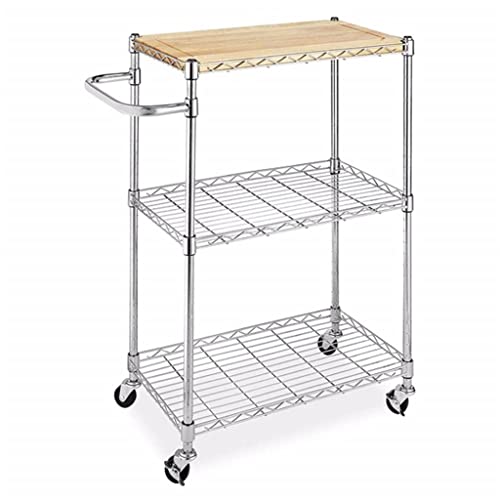 BHVXW 3 Tier Kitchen & Microwave Trolley 60x35x85CM Storage Rack Wood & Chrome Utility Storage Trolley