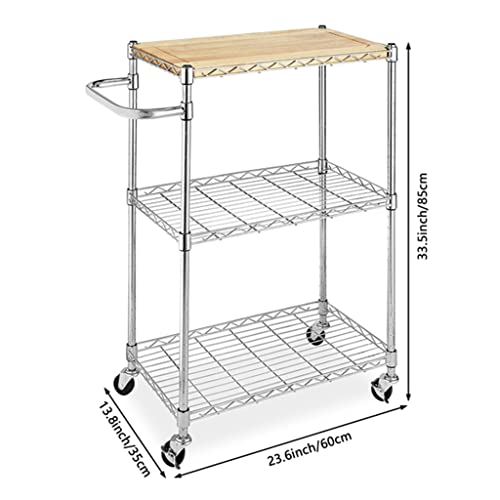 BHVXW 3 Tier Kitchen & Microwave Trolley 60x35x85CM Storage Rack Wood & Chrome Utility Storage Trolley