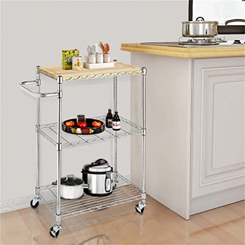 BHVXW 3 Tier Kitchen & Microwave Trolley 60x35x85CM Storage Rack Wood & Chrome Utility Storage Trolley