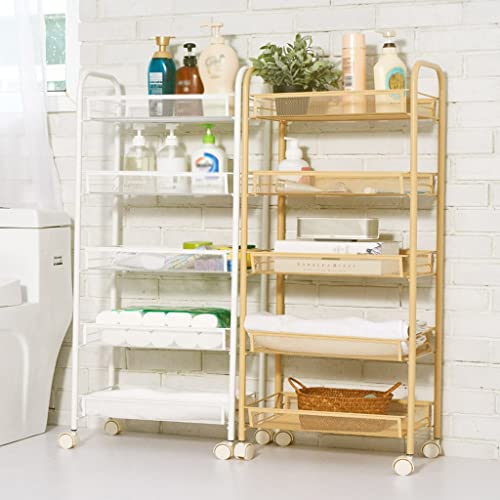 TJLSS Household Storage Slit Movable Trolley White Living Room Shelf Kitchen Vegetable Basket Trolley with Wheels (Color : Beige, Size : 105 * 45 * 27cm)