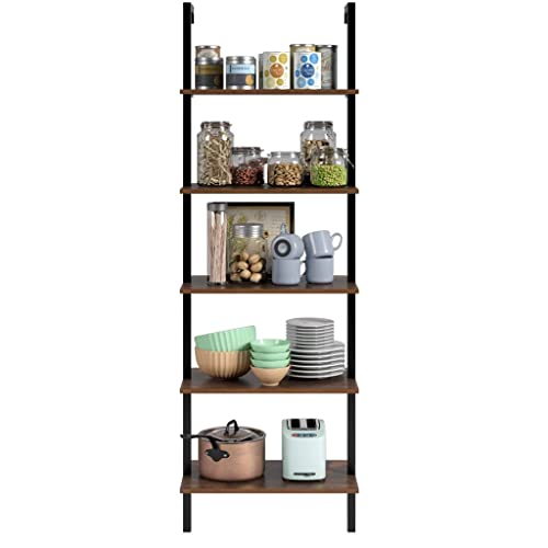 TJLSS Industry Ladder Shelving Unit 5 Tier Display Stand Book Shelf Wall Rack Storage Wood & Metal Frame