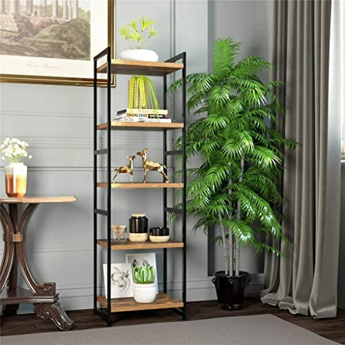 TJLSS Wooden+Metal Shelf 5-Tier Bookshelf Storage Rack Display Shelving Plant Garage | Storage | Office