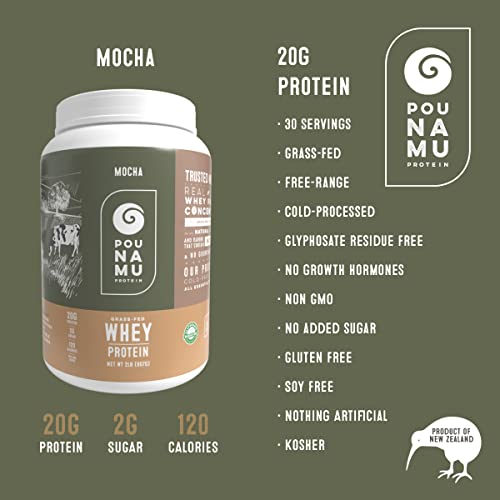 Pounamu Protein - Grass Fed Whey Protein. 365 Day Free Range, Non GMO. Sourced from New Zealand. 2lb Tub. (Mocha, 2LB)