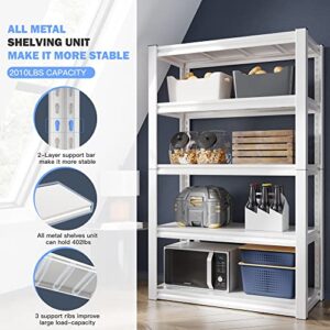 Raybee Garage Shelving Heavy Duty Garage Storage Shelves Load 2010LBS, Adjustable 5-Tier Heavy Duty Shelving, All Metal Shelving Utility Shelves for Kitchen, Pantry, Garage, 63"H x32"W x16.5"D, White